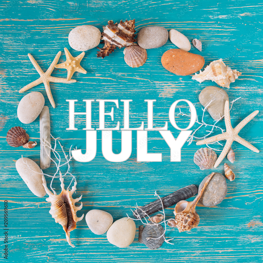 hello july text in circle of sea shells. title concept Stock Photo ...