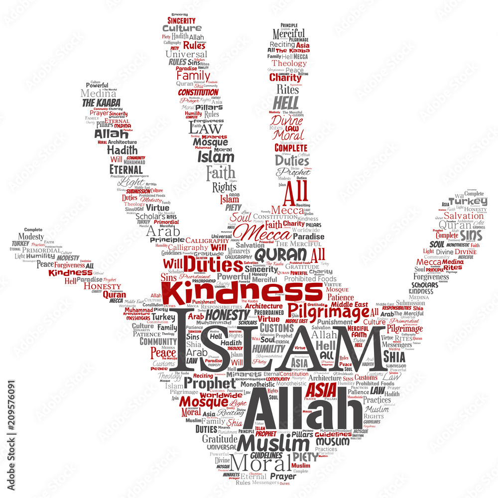 Vector conceptual islam, prophet, mosque hand print stamp word cloud ...