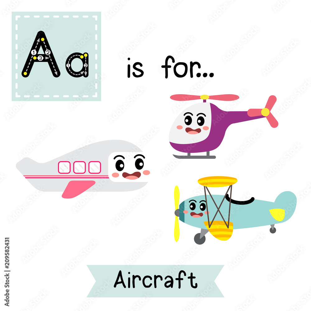 Letter A cute children colorful transportations ABC alphabet tracing ...