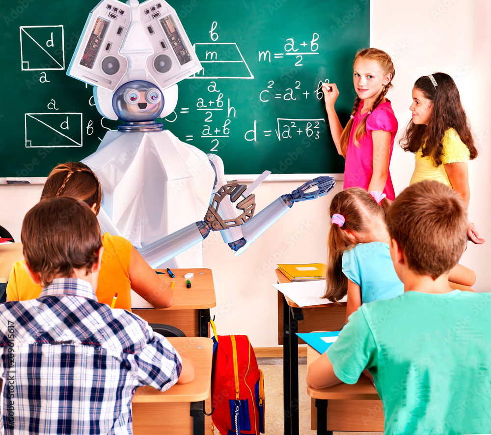Teacher ai robot helps school children group girl and boy in class ...