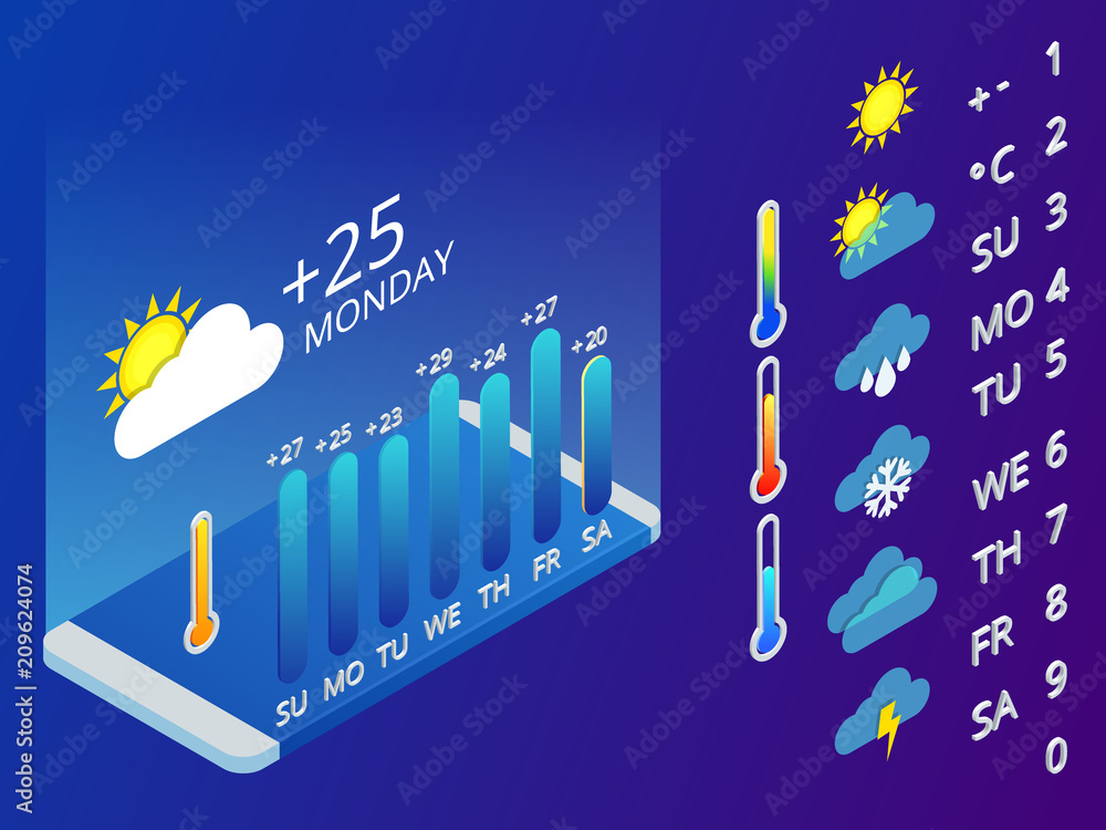 Isometric set of weather application design elements. Weather symbols ...