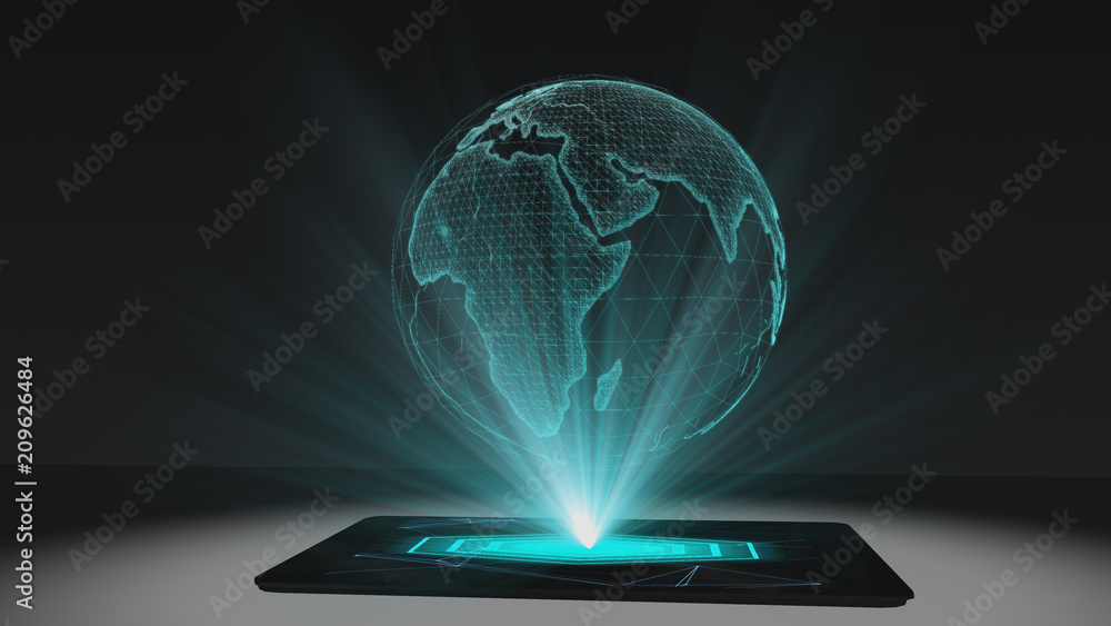 World map projection futuristic holographic display tablet hologram ... World map projection futuristic holographic display tablet hologram ...