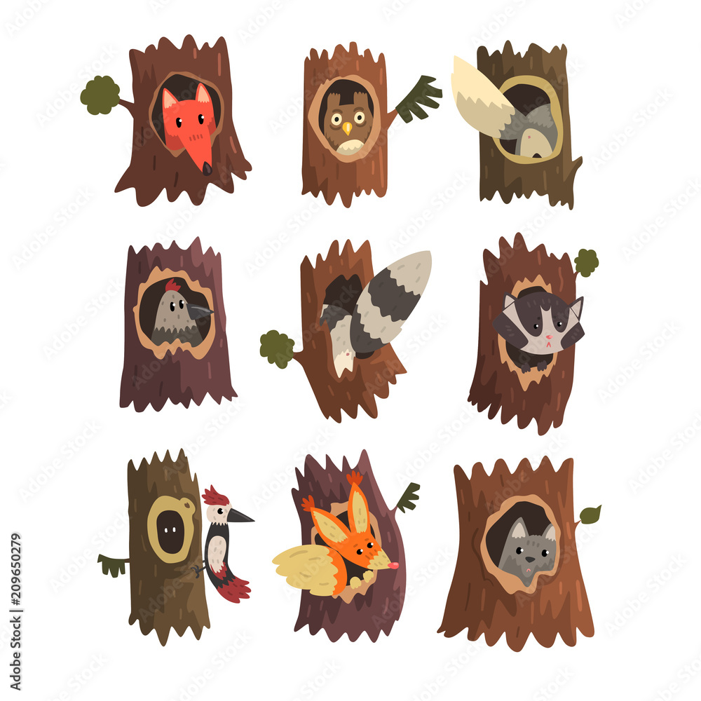 Cute animals and birds sitting in hollow of tree set, hollowed out old ...