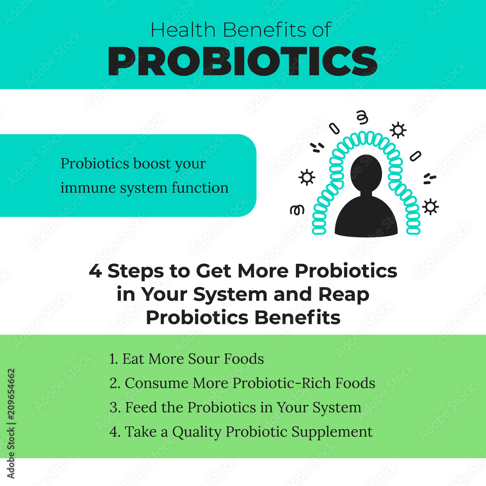 Probiotics health benefits vector infographic. Flat stroke illustration ...
