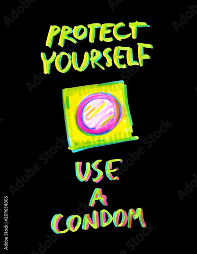 Poster promoting contraception with a pink condom in bright wrapper and ...