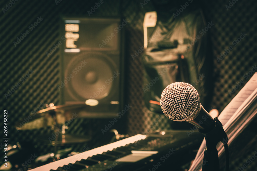 Close up instruments music background concept.Single microphone with ...