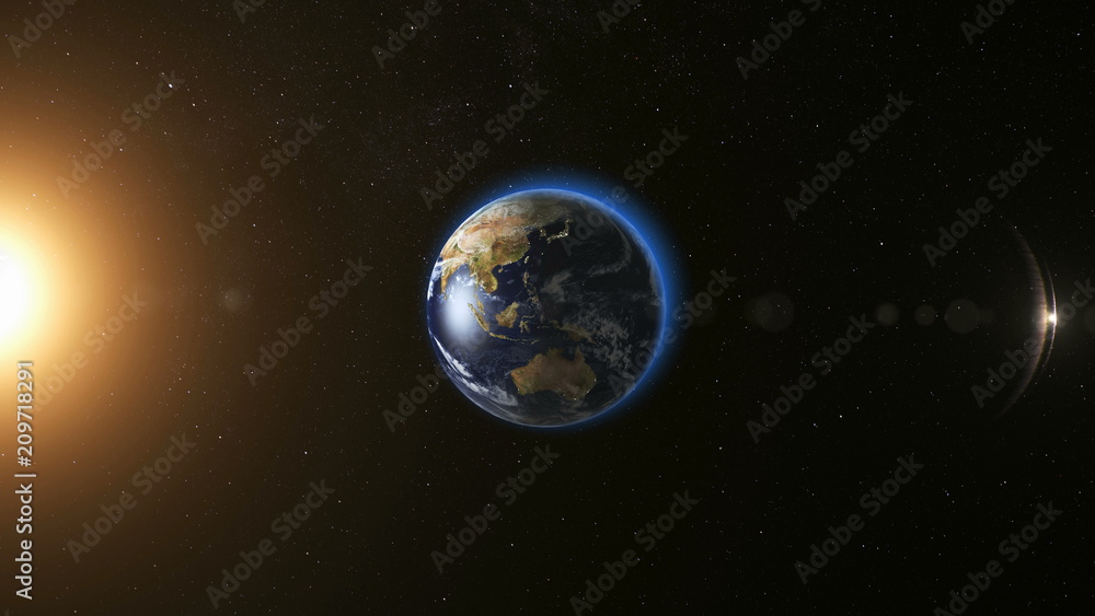 Stock-Foto „Space view on Planet Earth and Sun Star rotating on its ...