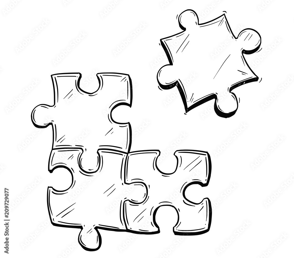 Vector artistic pen and ink drawing illustration of four jigsaw puzzle ...