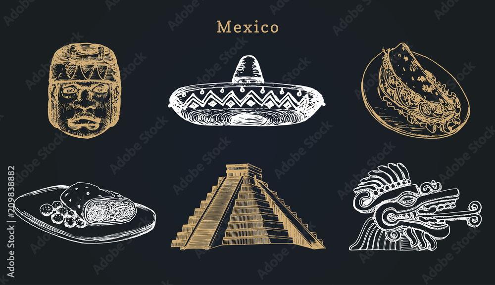 Drawn set of famous Mexican attractions.Vector illustration of Olmec ...