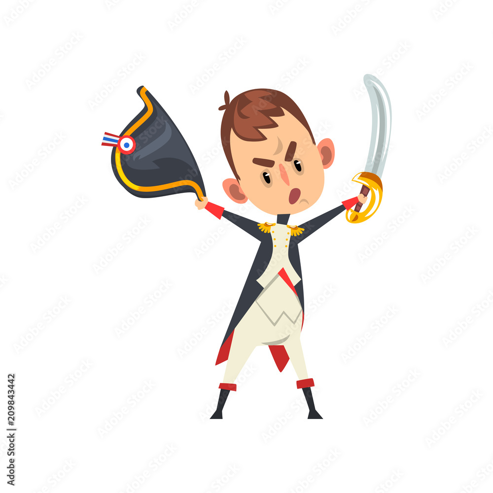 Warlike Napoleon Bonaparte cartoon character holding hat and sword in ...