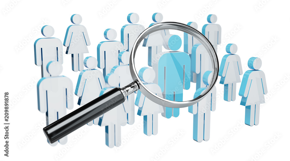 Magnifying glass recruiting people illustration 3D rendering Stock ...