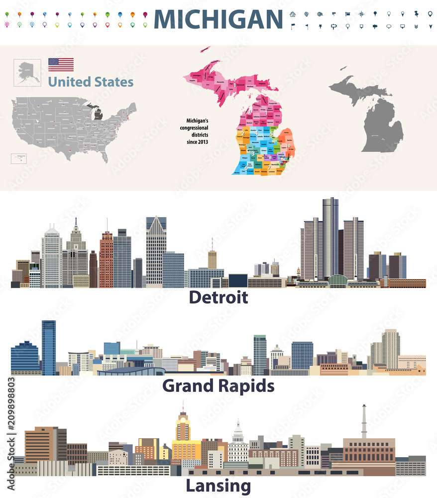 Michigan's congressional districts map with capital and major cities ...