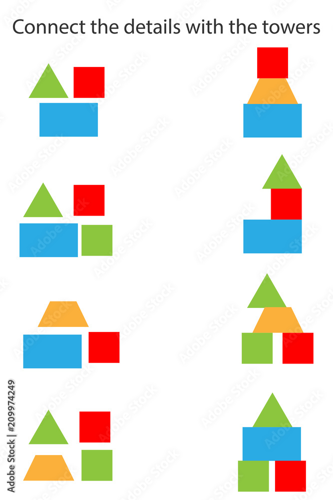 Connect the details and towers, colorful geometric shapes for children, fun education game for ...