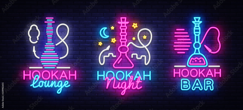 Hookah neon signs collection vector. Night Hookah Design Template ...