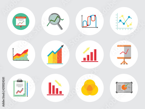 Graph Icon Set. Magnifier And Graph Growing Bar Chart Declining Bar ...
