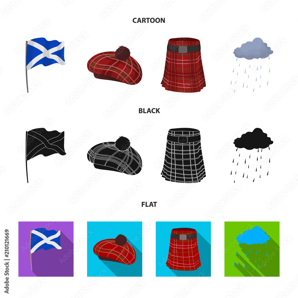 Flag, kilt, rainy weather, cap.Scotland country set collection icons in ...