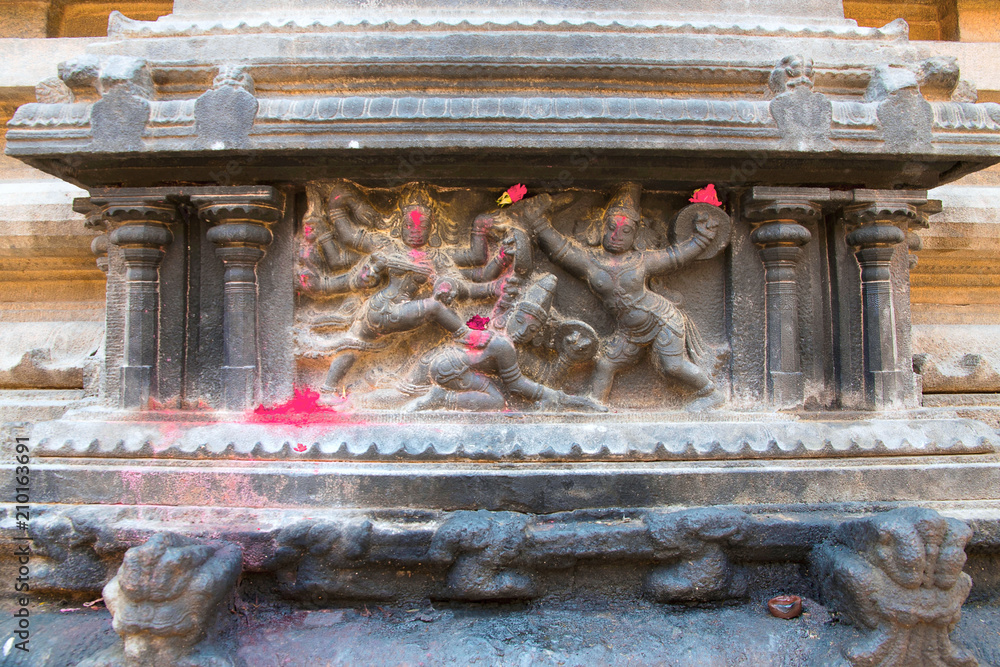 Durga slaying the demon, north wall, Subrahmanyam shrine, Brihadisvara ...
