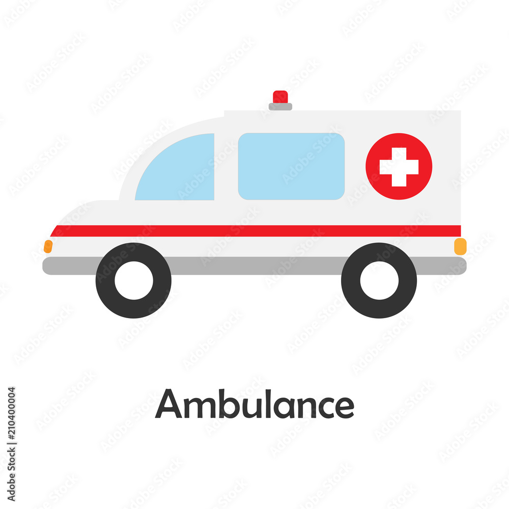 Ambulance in cartoon style, card with transport for kid, preschool ...
