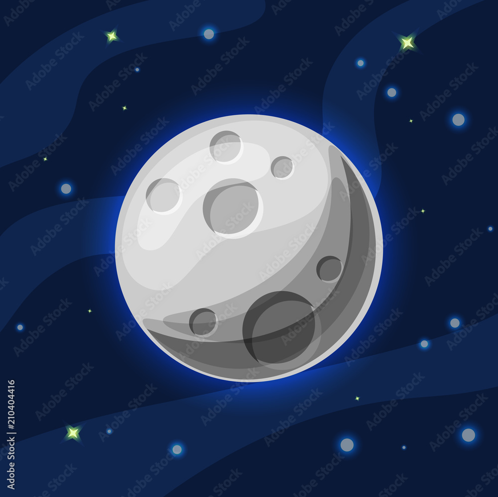 Vector grey and blue moon in deep dark blue space with cartoon glow ...