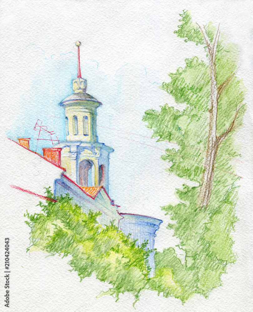 Town Drawing With Colour Pencil