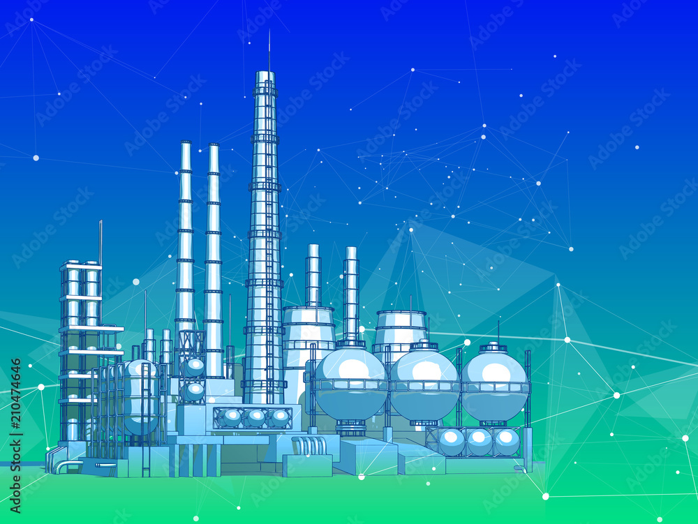 modern chemical manufacturing plant on a blue technological background ...