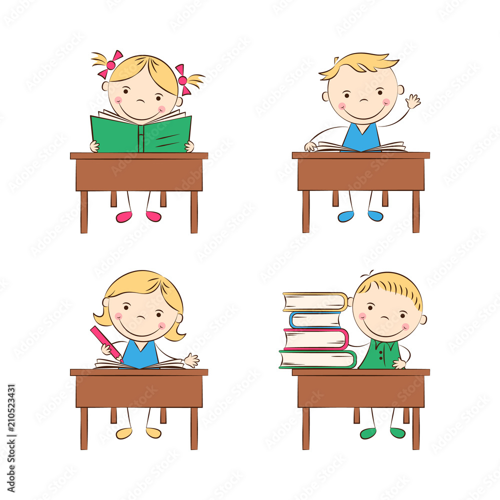 Funny doodle kids sit at school desks in classroom. Happy cartoon boys ...