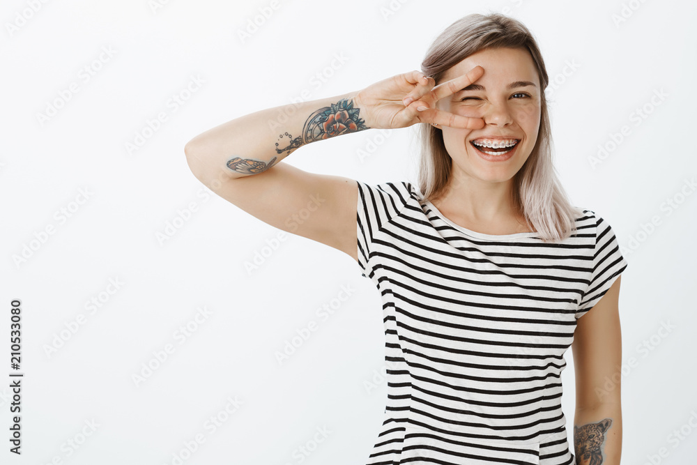 Foto de Stock Hey sailor. Portrait of charming playful young girl with ...