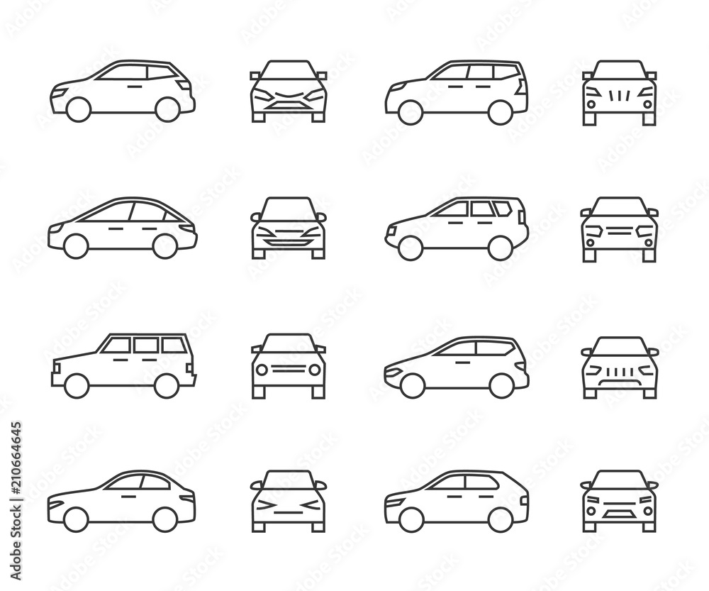 Cars front and side view line signs, auto symbols. Vehicle outline ...