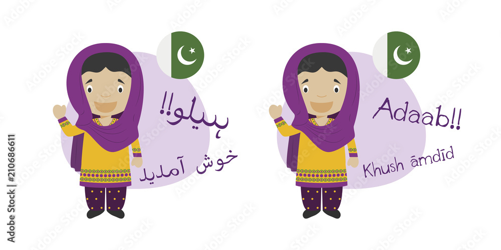 Vector illustration of cartoon characters saying hello and welcome in ...
