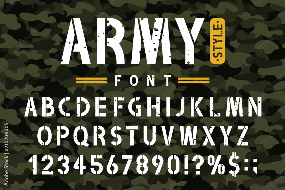 Military stencil font on camouflage background. Rough and grungy ...