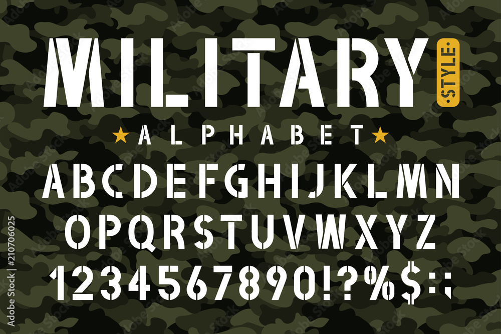 Military stencil font on camouflage background. Stencil alphabet with ... Military stencil font on camouflage background. Stencil alphabet with ...