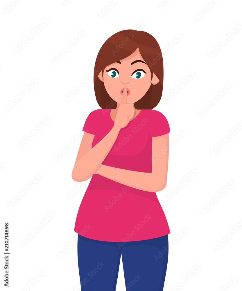 Young woman asking silence. Silence please! Keep quiet. Shh! Vector ...
