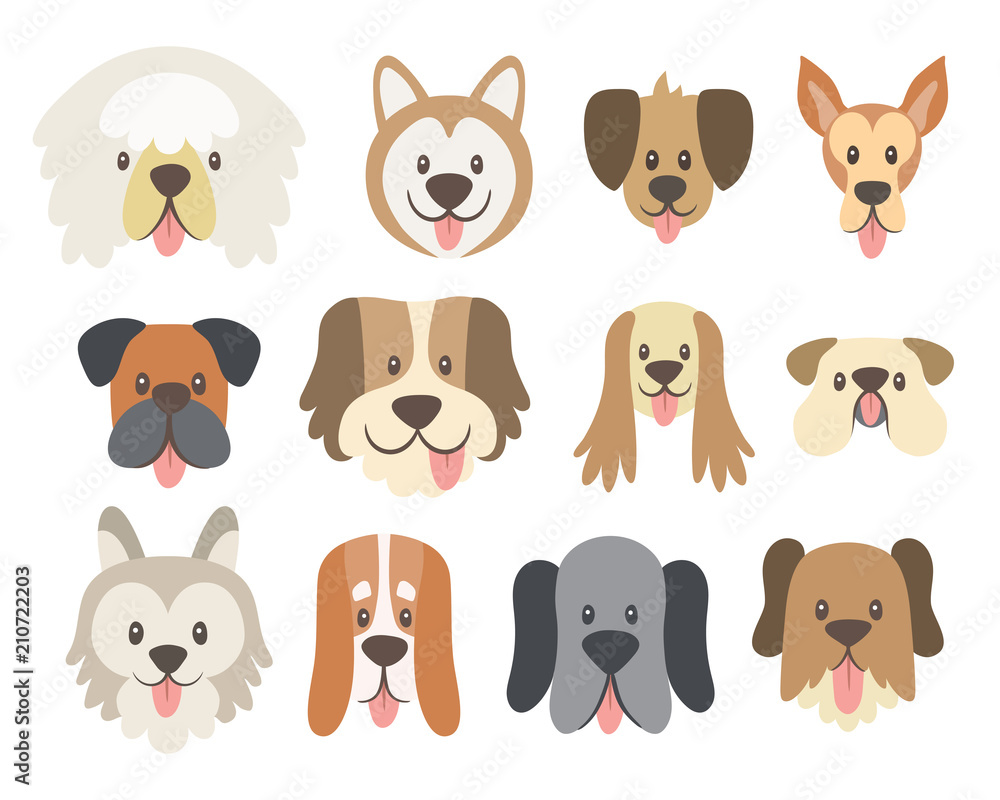 Dog faces collection. Cute cartoon dog faces with their tongue outside ...