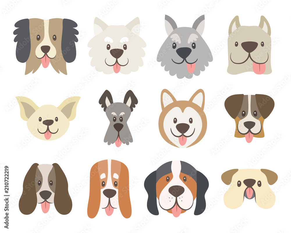 Dog faces collection. Cute cartoon dog faces with their tongue outside ...