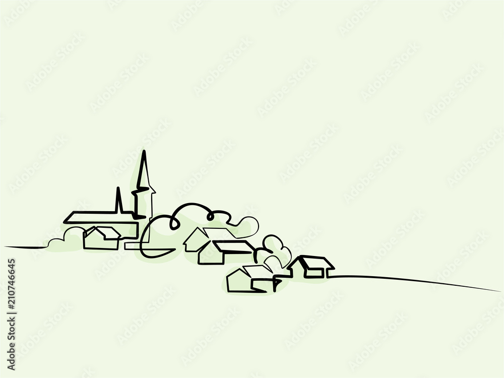 Continuous line drawing. Landscape with village on hill. Vector color ...