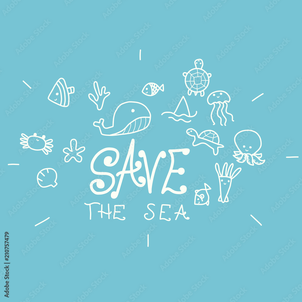 Save the sea word and cartoon doodle vector Illustration Stock Vector ...