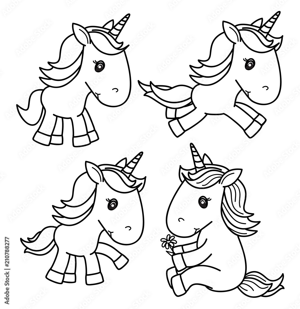 Vector cute baby unicorn black silhouettes, isolated on white. Stock ...