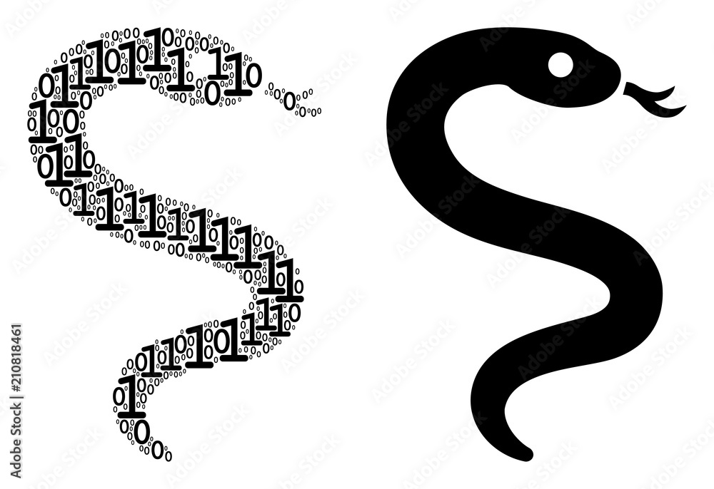 Snake composition icon of binary digits in different sizes. Vector digit symbols are arranged ...