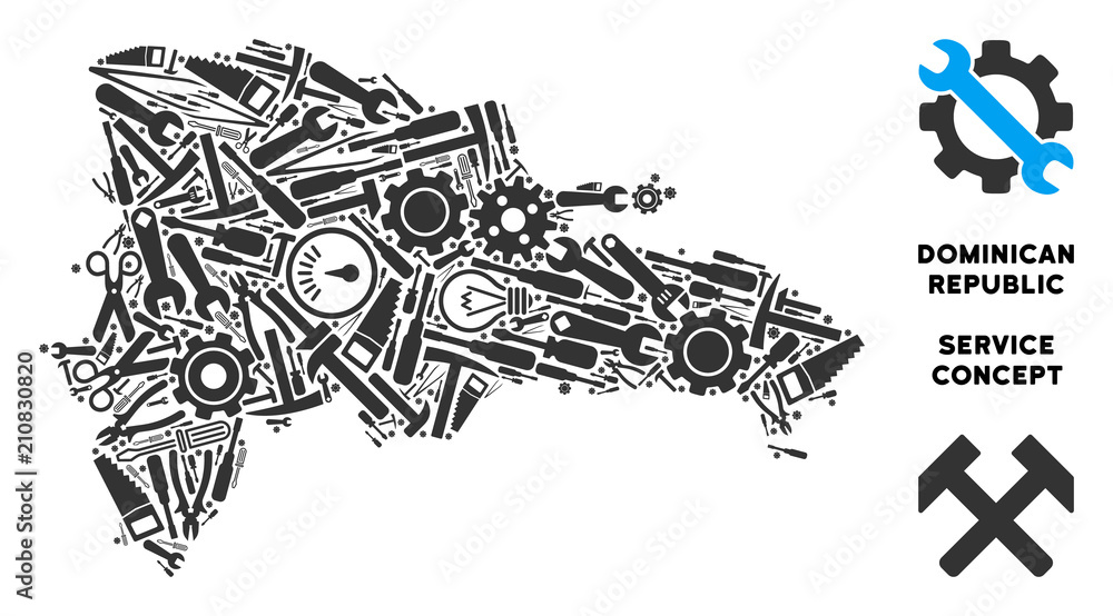 Repair workshop Dominican Republic map collage of tools. Abstract ...