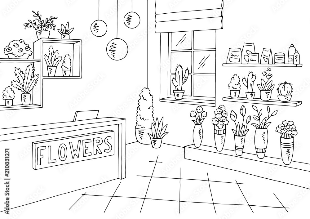 Flower shop interior graphic black white sketch illustration vector ...