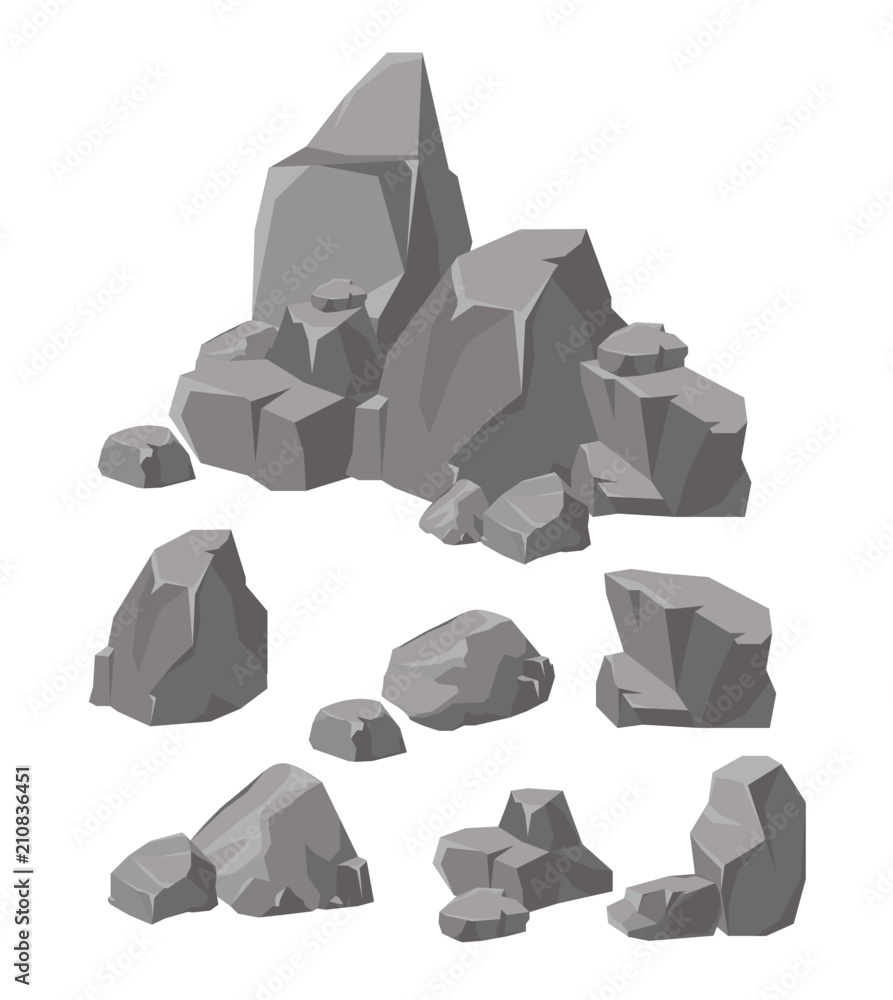 Vector illustration set of rocks and stones grey colors. Cartoon stone ...