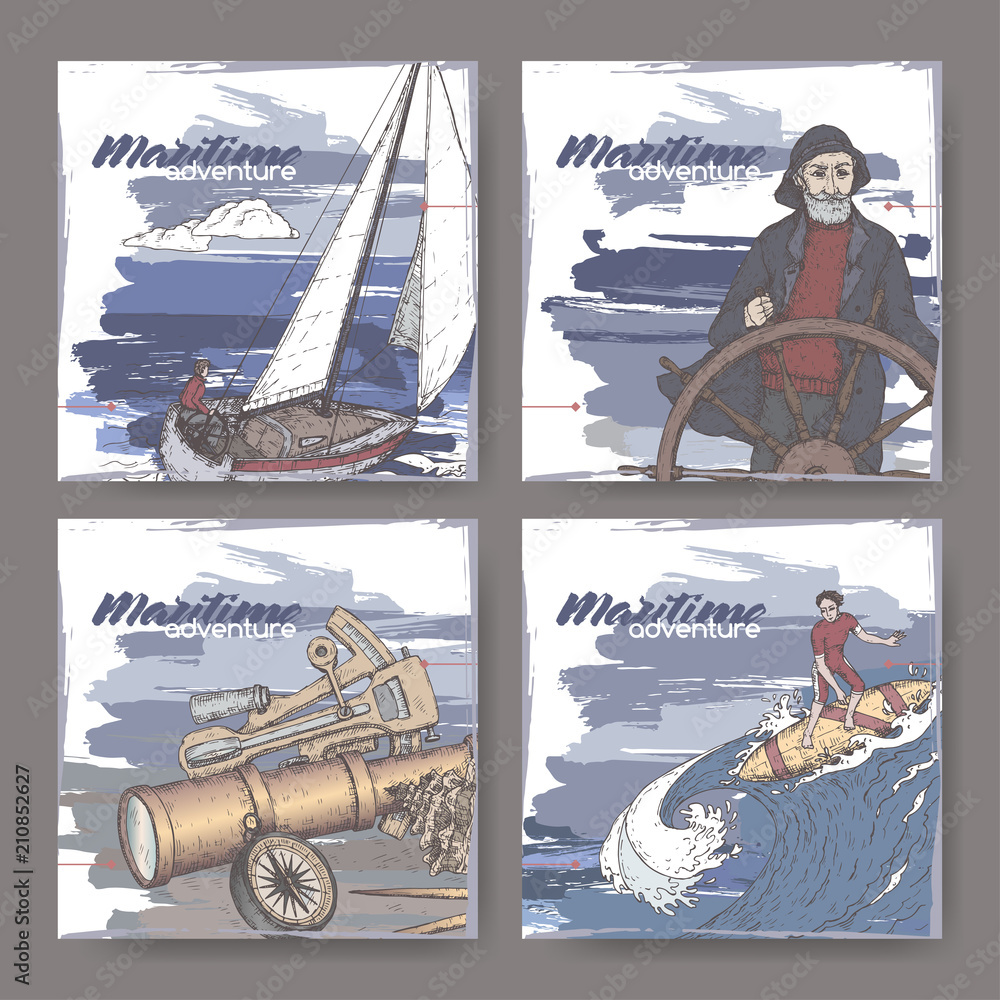Four color banners with old captain, navigational instruments, sailboat ...