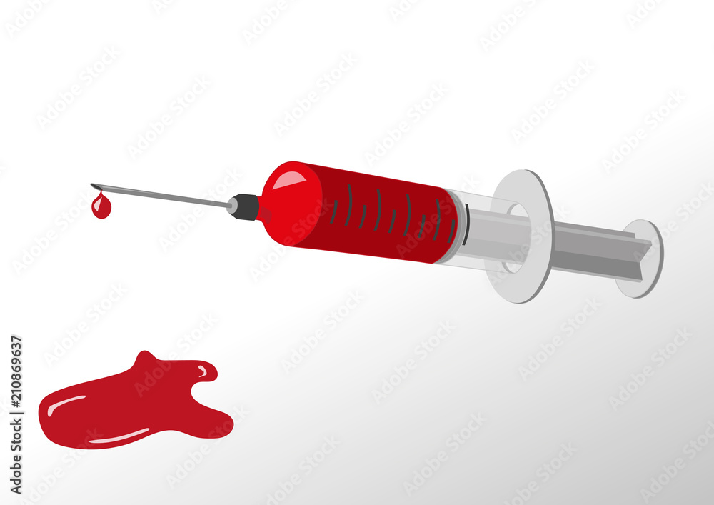 Stock-Vektorgrafik „Spritze mit Blut und Blutstropfen“ | Adobe Stock