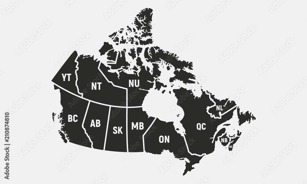 Canadian map with short provinces and territories names. Canada ...
