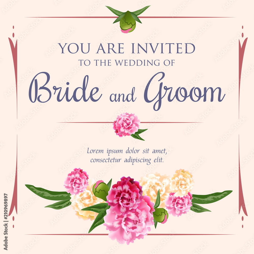 Wedding invitation design with bunch of peonies on pink background. Text in frame can be used ...