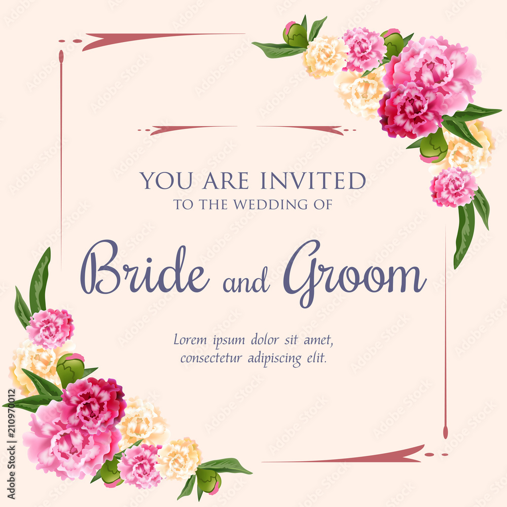 Wedding invitation design with pink and white peonies on pink background. Text in frame can be ...