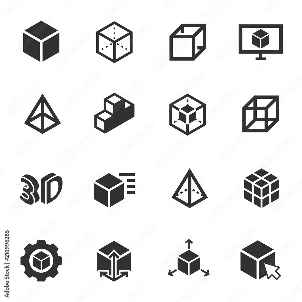 3D modeling, monochrome icons set. 3-dimensional model, simple symbols ...