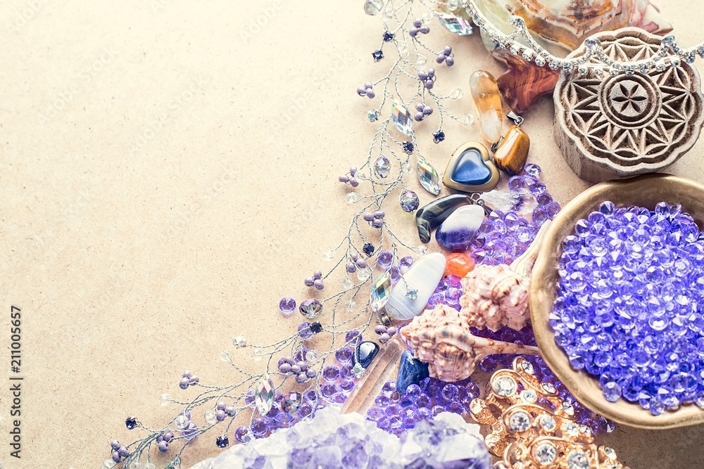 Beautiful stones, crystals, minerals, and other materials on a ...