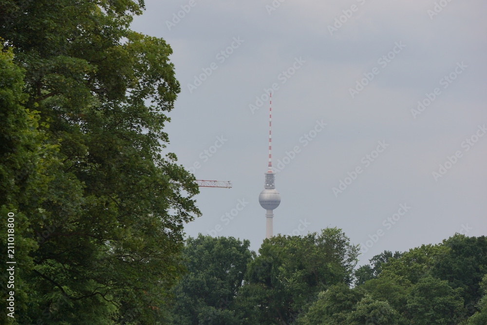 Televison tower at the Alexanderplatz with crane arm from the left side ...