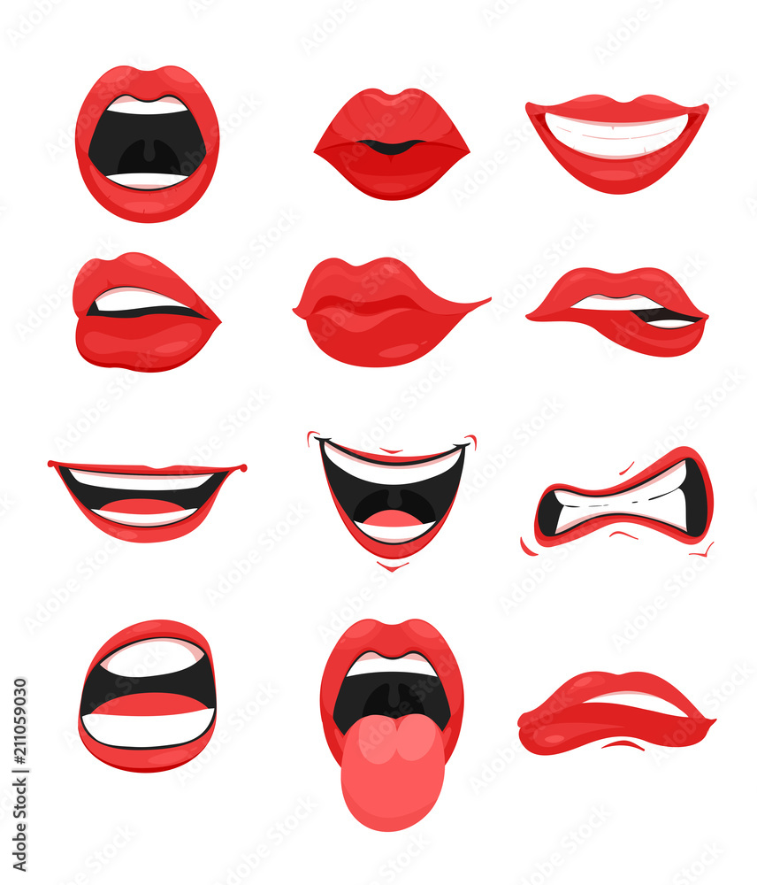 Vector illustration set of cute mouth with red lips expressions facial ...